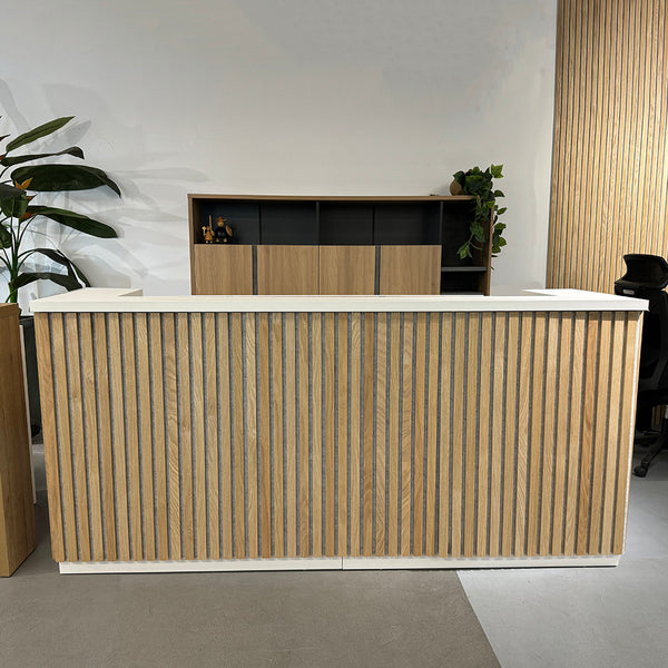 KENTO Reception Desk 240cm - Timber Slat Acoustic White & Oak – Modern ...