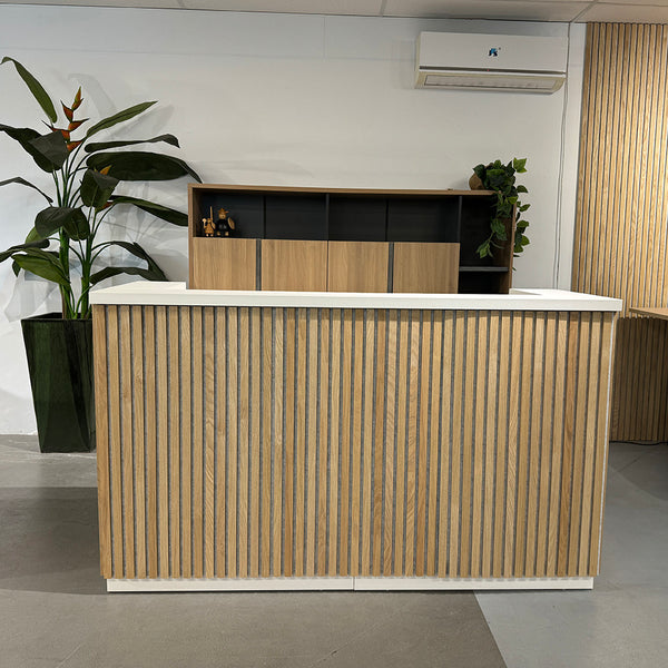 KENTO Reception Desk 180cm - White & Oak Timber Slat Acoustic – Modern ...