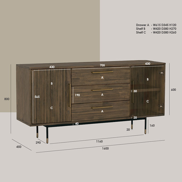 HAMILTON Sideboard Buffet Solid Acacia Wood 160cm - Toffee Colour ...